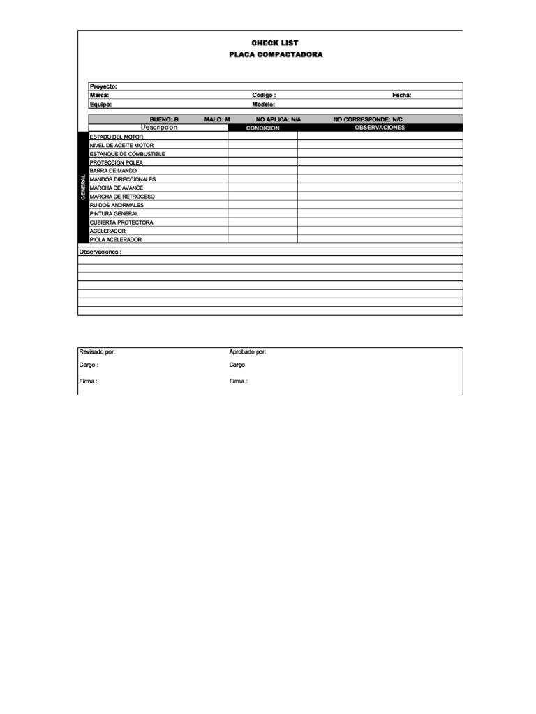 Check List Placa Compactadora | PDF