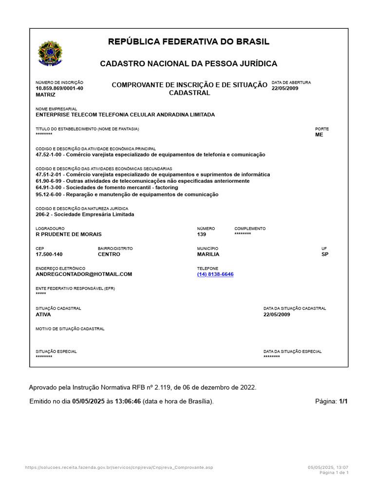 Cadastro CNPJ Enterprise Telecom SP | PDF | Economia de negócios
