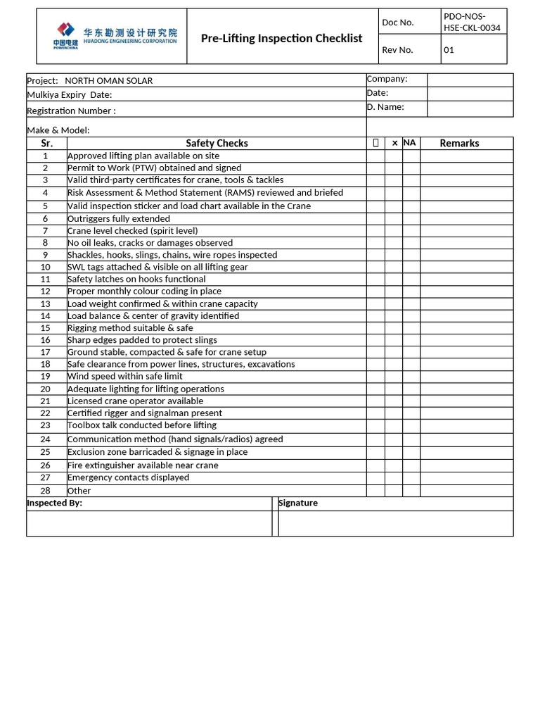 Pre-Lifting Inspection Checklist | PDF