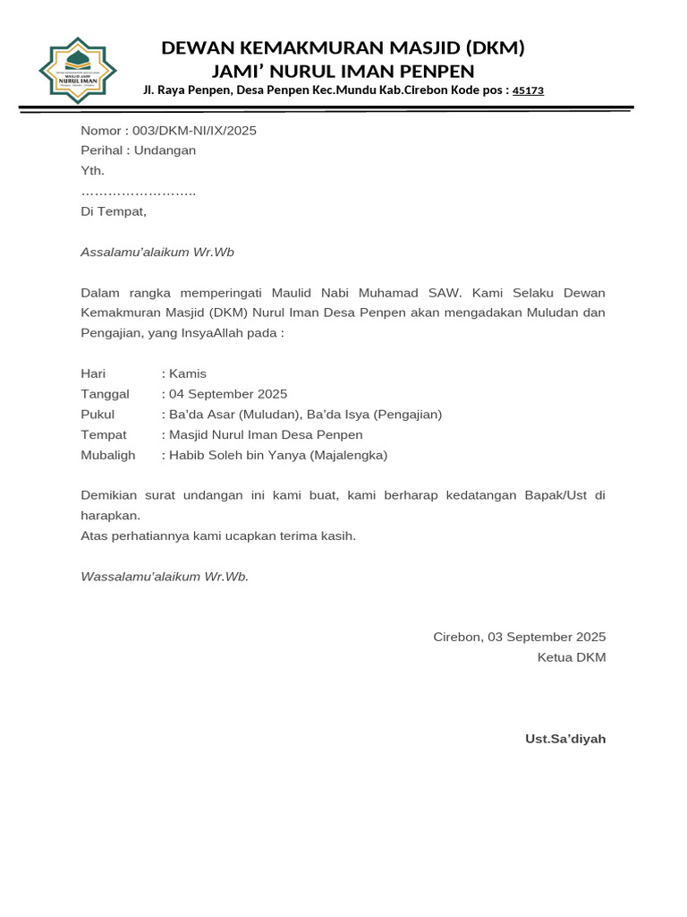 Undangan Muludan di Masjid Nurul Iman | PDF