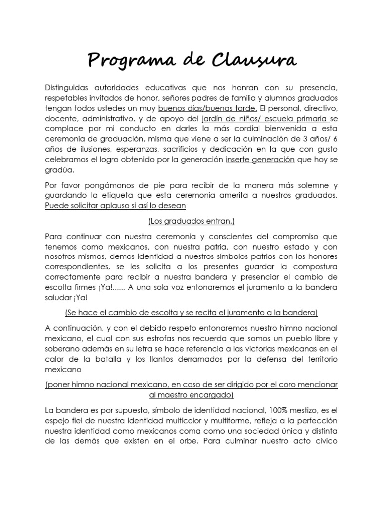 Mensaje de Despedida y Programa de Clausura | PDF