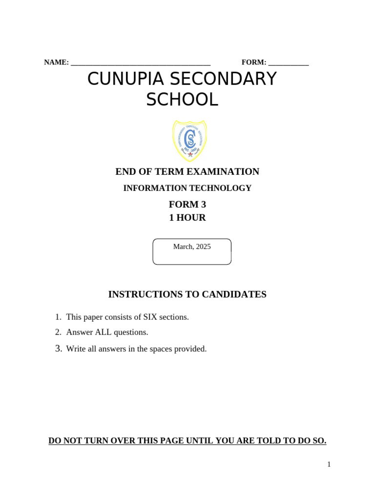 F3 IT EOT March 2025 Term 2 | PDF | Computing | Computer Engineering
