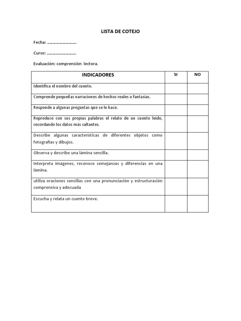 Lista de Cotejo | Descargar gratis PDF | Lectura (proceso ...