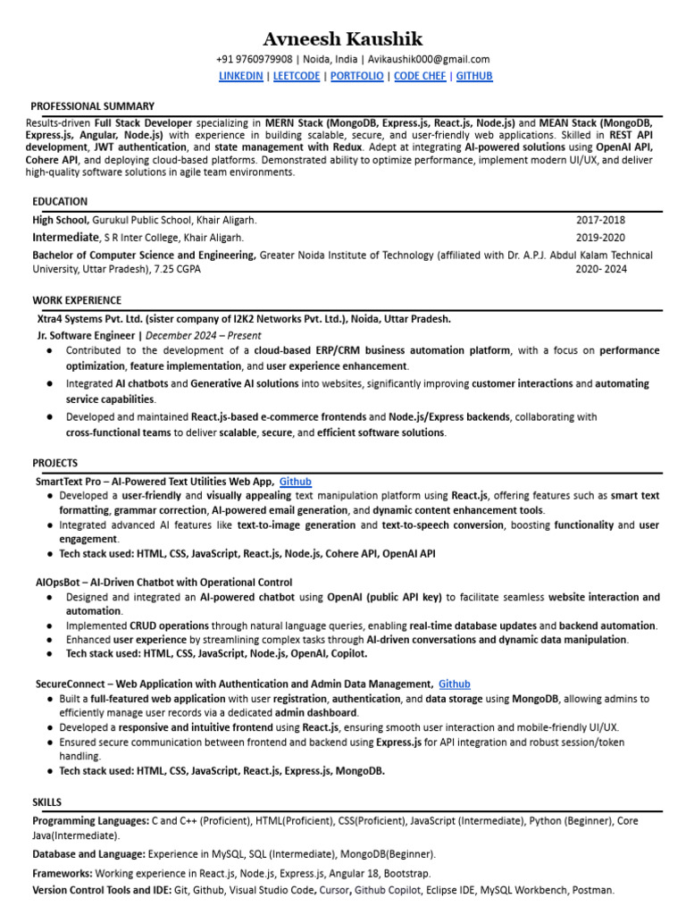Full Stack Developer Resume - MERN & MEAN | PDF | Java Script | Web ...