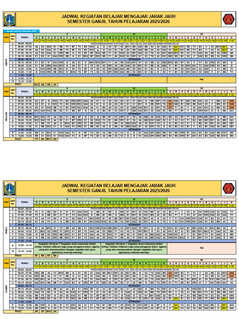Jadwal Pelajaran Jarak Jauh (PJJ) Sem Ganjil Ta 2025-2026 (01 Sept 2025) | PDF