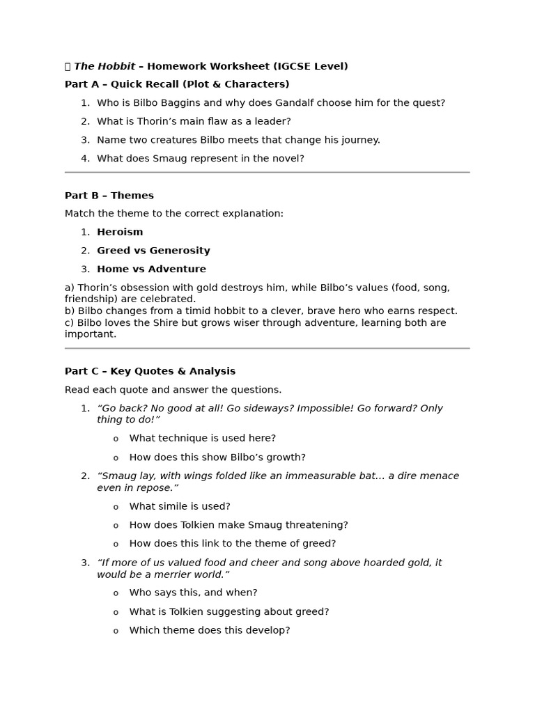 IGCSE The Hobbit Worksheet Guide | PDF