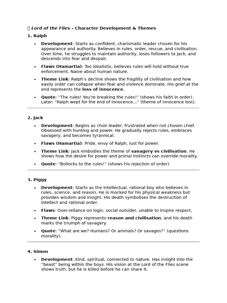 ? Lord of The Flies Character Development Exam Notes | PDF