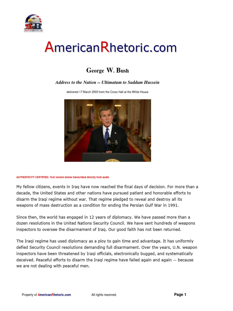 George W. Bush - Ultimatum To Saddam Hussein | PDF | Saddam Hussein | Iraq