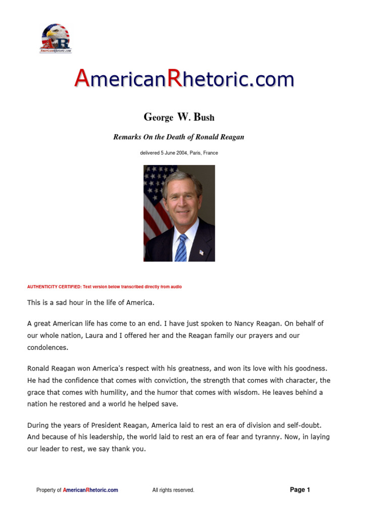 George W. Bush - Remarks On The Passing of Ronald Reagan | PDF