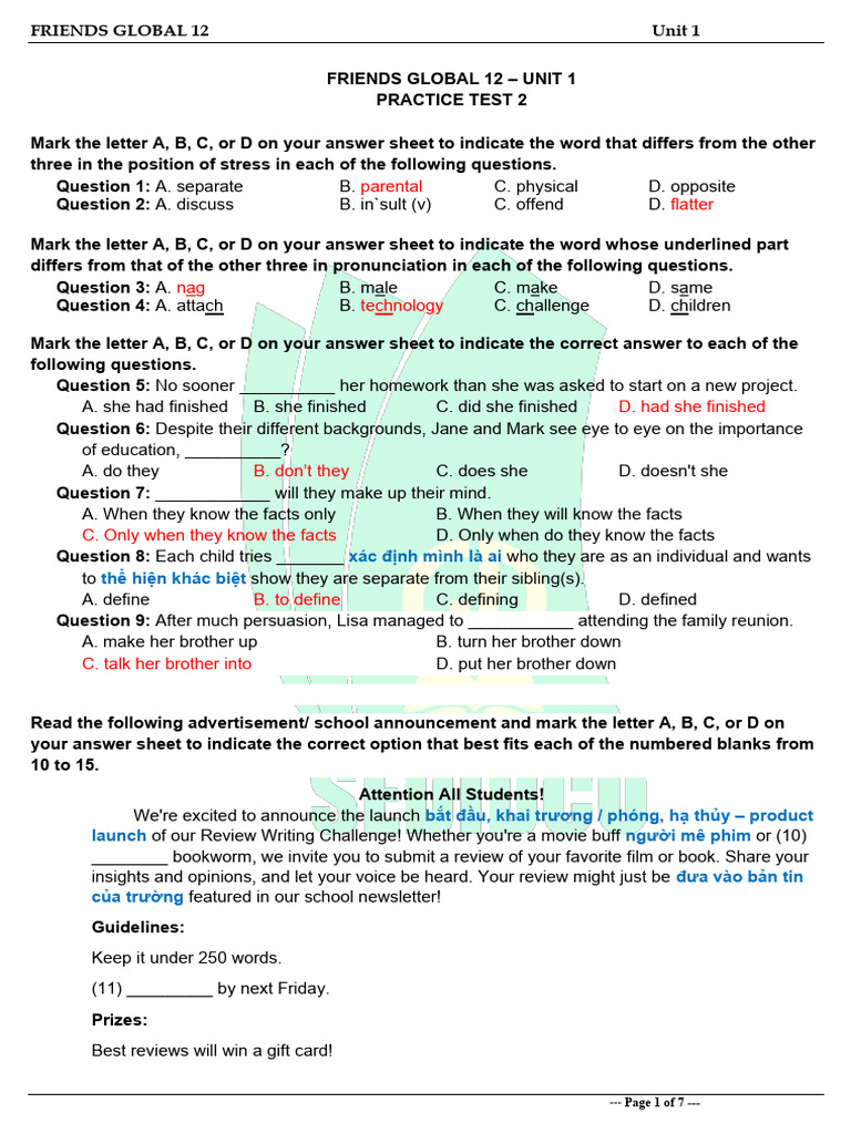 Tiếng Anh 12 Friends Global - Unit 1 - Practice Test 2 - KEY | PDF ...