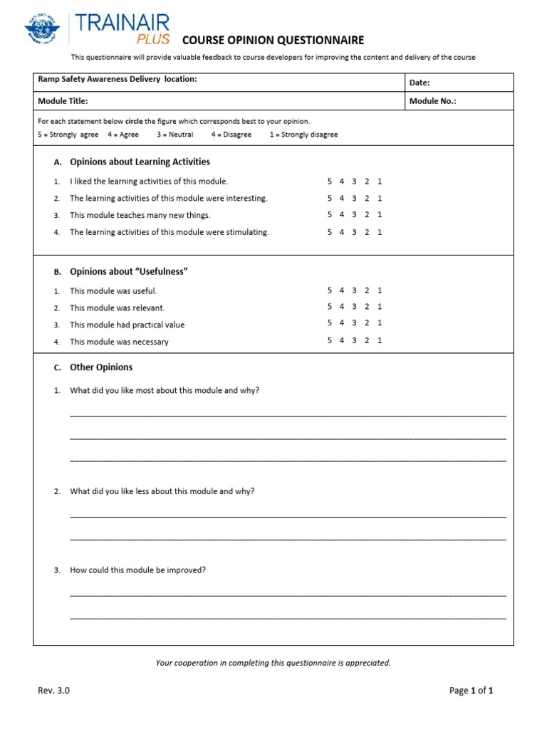 TM 5-Ramp Safety Awareness Course Opinion Questionnaire | PDF | Learning