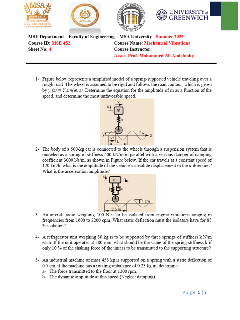 Mechanical Vibrations Course Problems | PDF | Mechanics | Mechanical ...