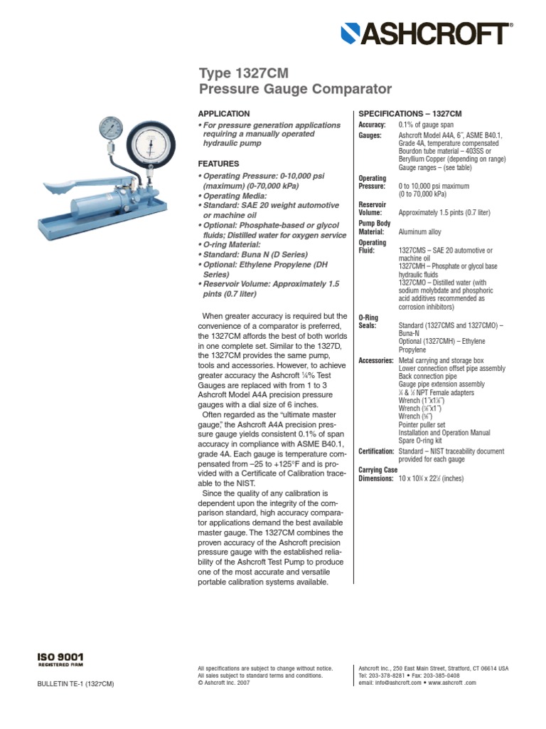 Ashcroft 1327CM Datasheet | PDF | Calibration | Pressure Measurement