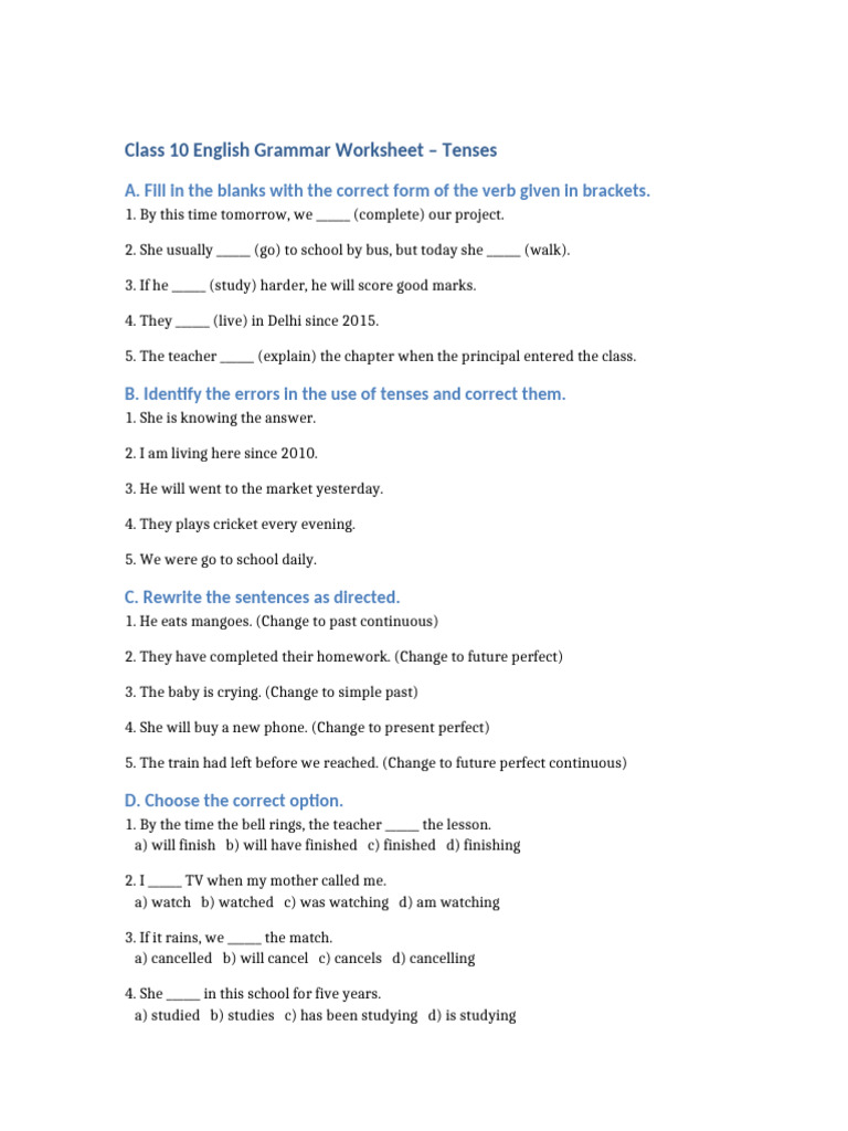 Class10 Tenses Worksheet With Answers | PDF | Grammatical Tense ...