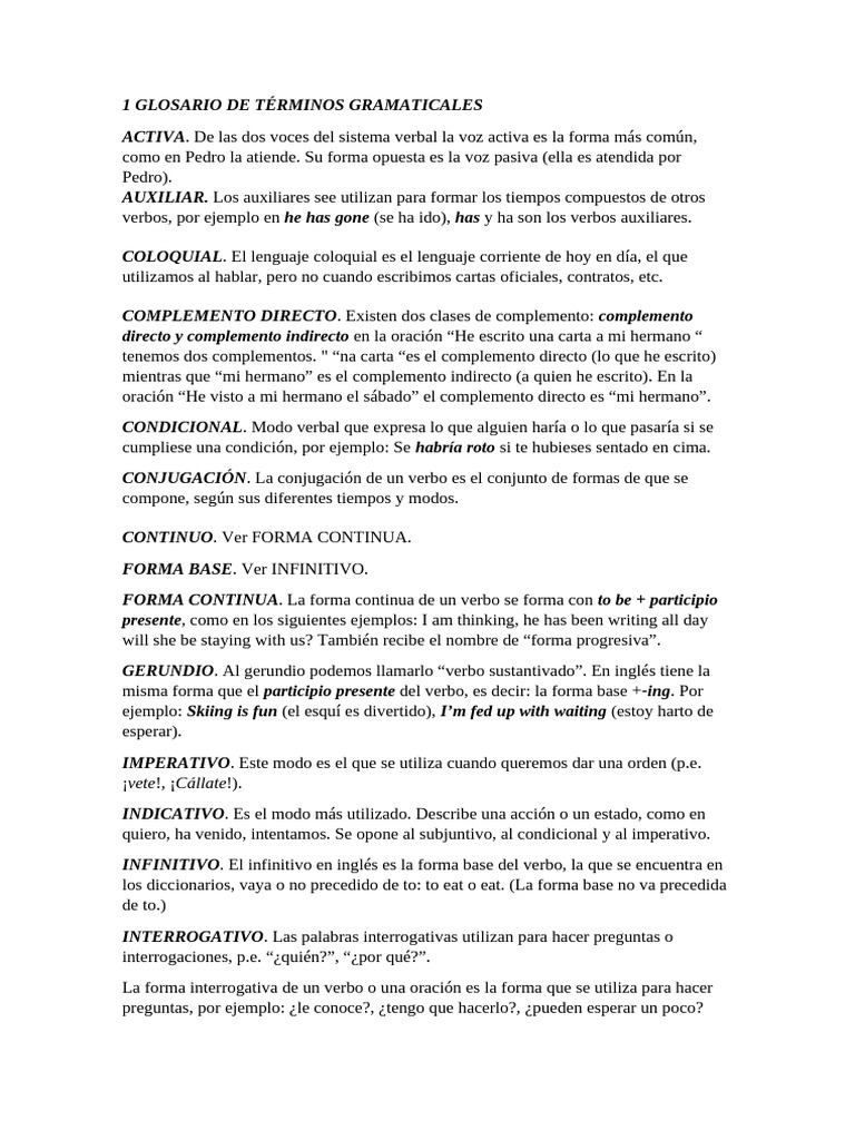 Glosario de Términos Gramaticales | PDF | Verbo | Pronombre