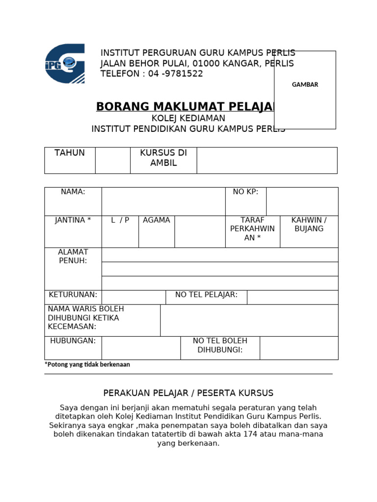 Borang Maklumat Pelajar - Unit Asrama | PDF