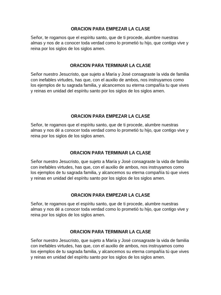 Oración para Iniciar la Clase | PDF