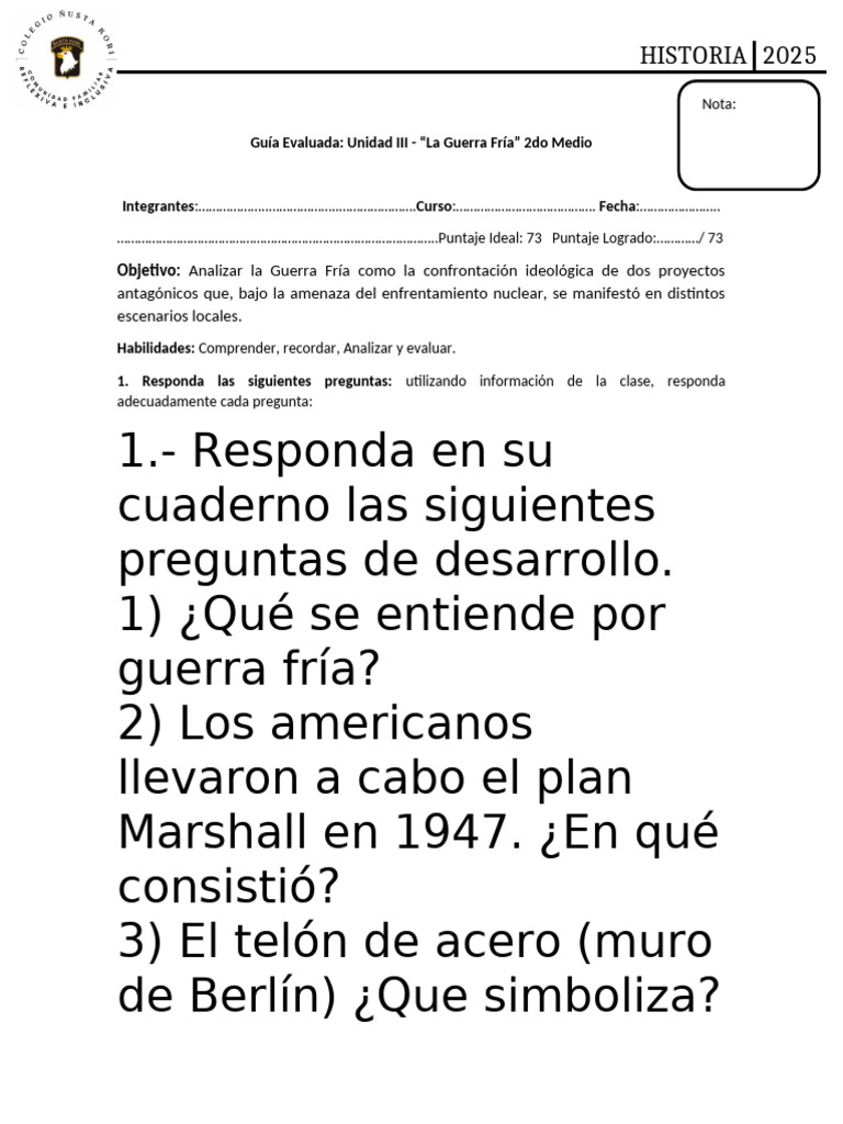 Guía Evaluada Unidad III - La Guerra Fría 2do Medio | PDF | Guerra Fría ...
