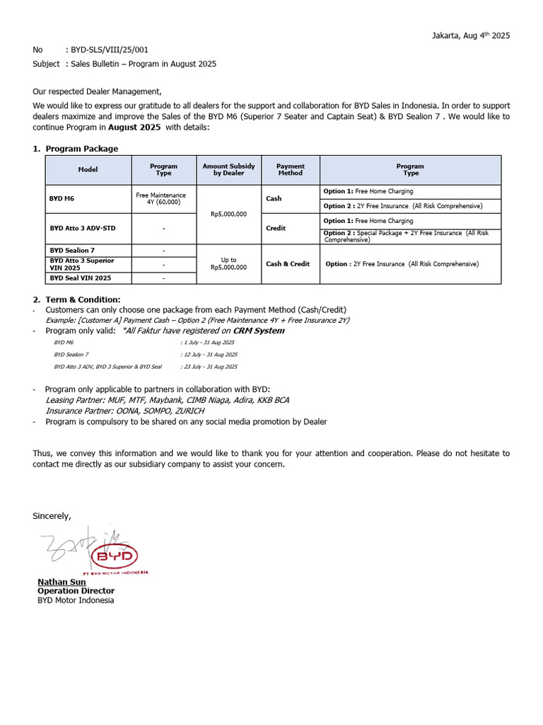 Sales Bulletin - Program Aug 2025 | PDF | Business | Electric Vehicle