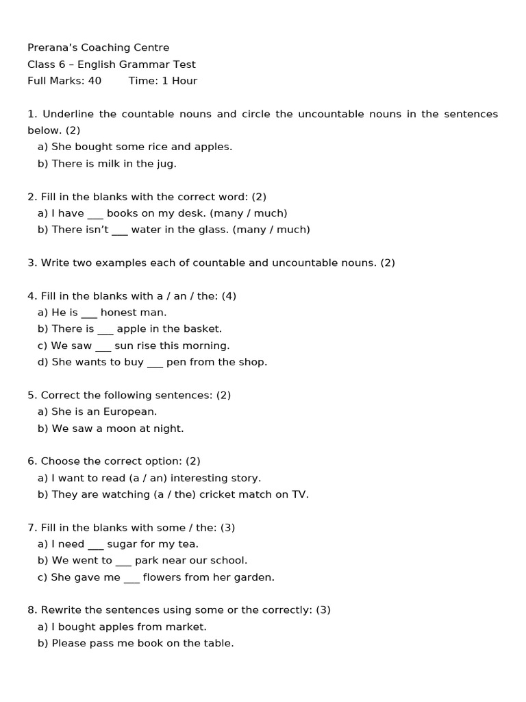 Class6 Grammar Question Paper | PDF