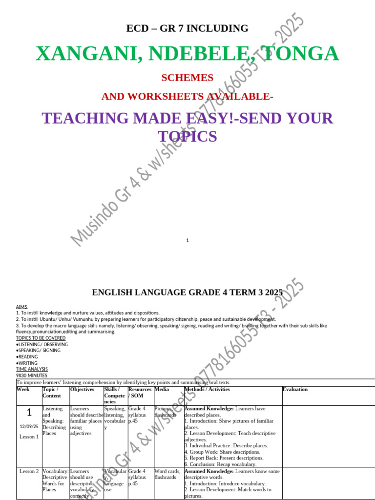 GR 4 Sche t3 2025 Musindo | PDF | Vocabulary | Linguistics