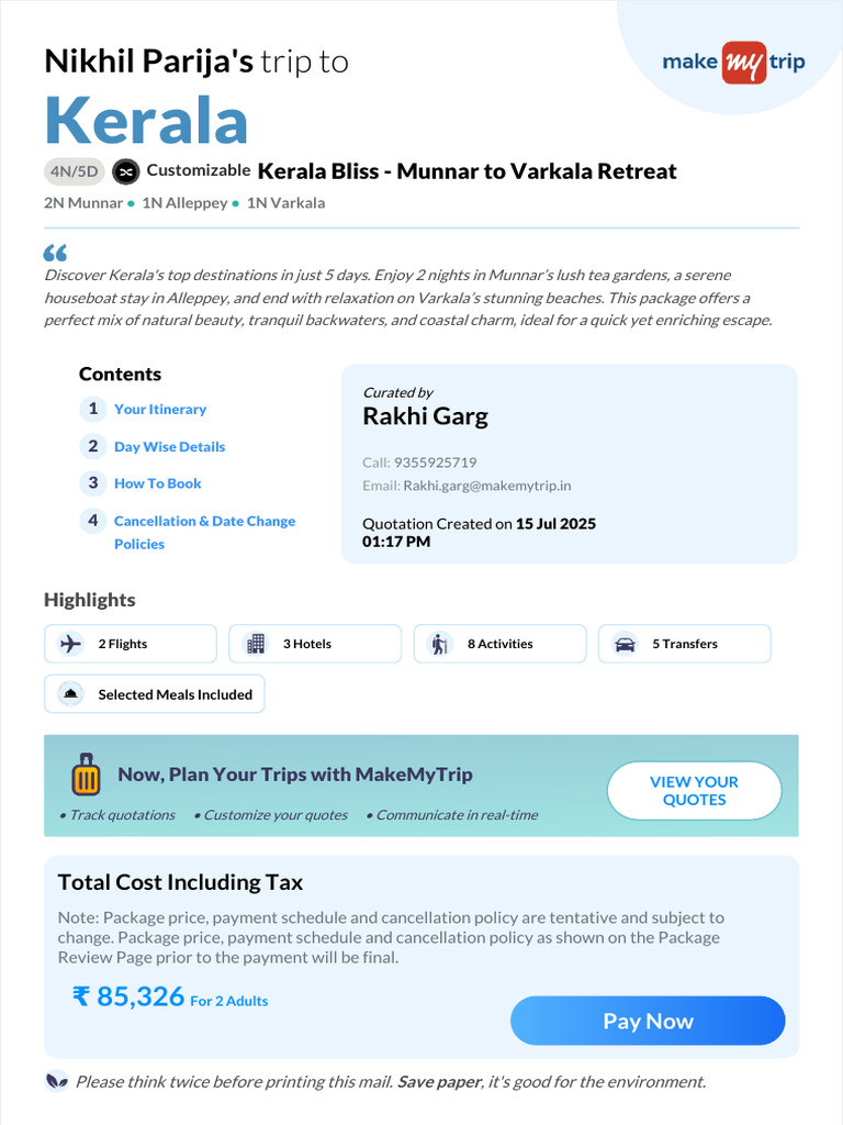 Kerala 4N/5D Tour: Munnar to Varkala | PDF | Meal | Indian Cuisine