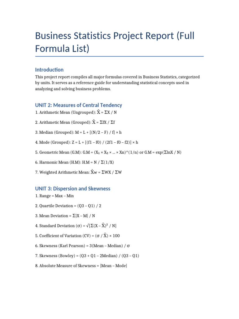 Business Statistics Formula Guide | PDF