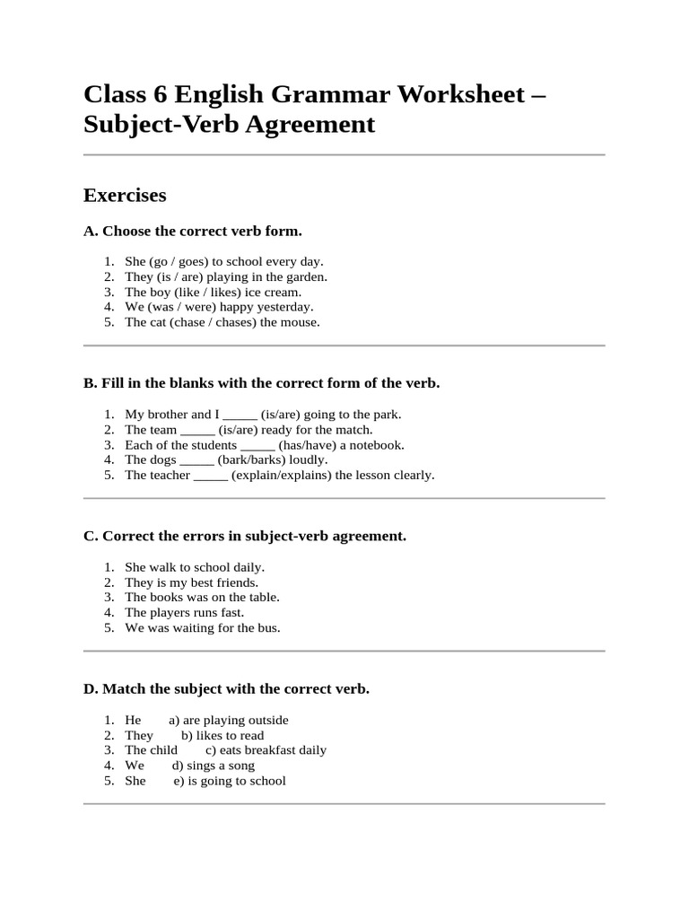 Class 6 Subject-Verb Agreement Worksheet | PDF | Language Mechanics ...