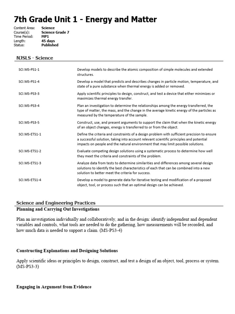 Unit - 7th Grade Unit 1 - Energy and Matter - 20250830160611 | PDF ...