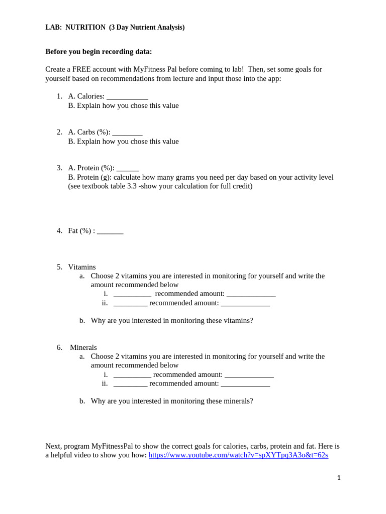 3-Day Nutrient Analysis Lab Guide | PDF | Nutrition | Diet & Nutrition