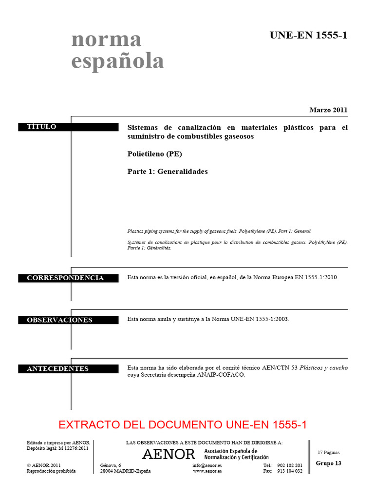 Norma UNE-EN 1555-1: Canalización PE | PDF | El plastico | Tubería ...