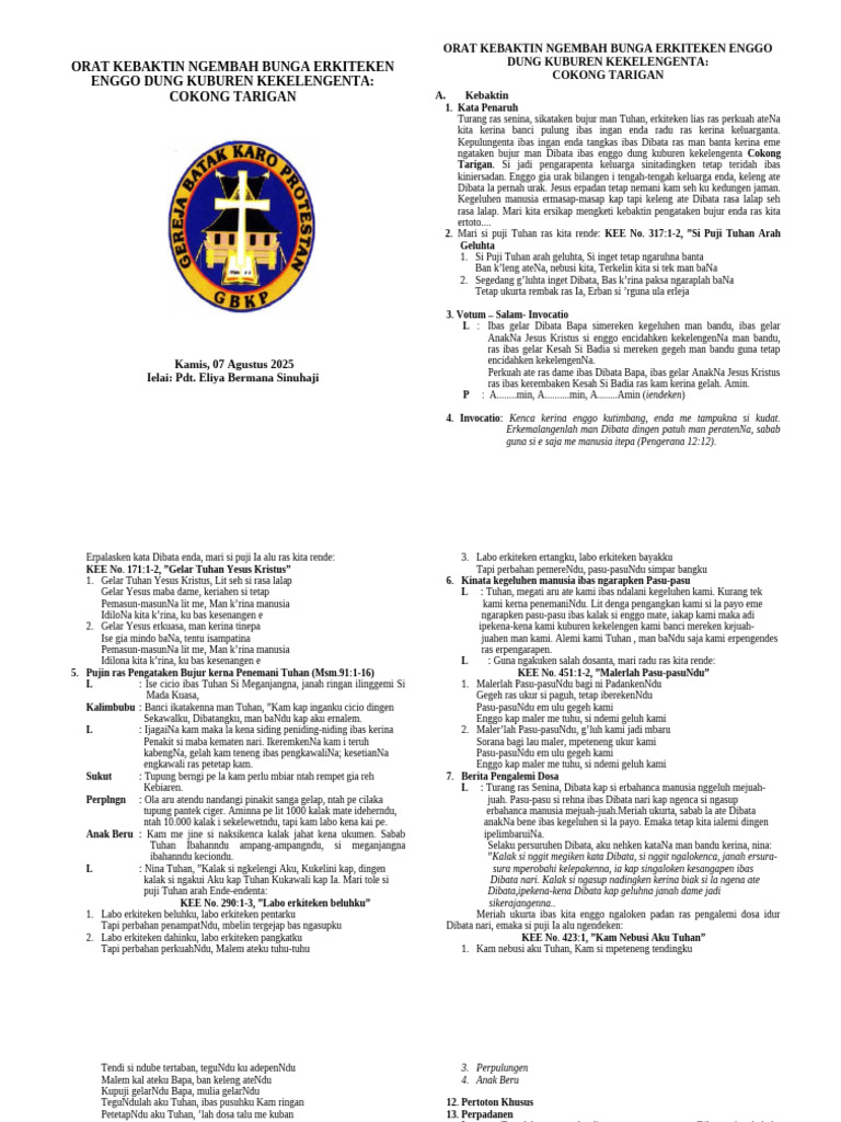 Orat Kebaktin Ngembah Bunga Erkiteken Enggo Dung Kuburen Cokong Tarigan ...