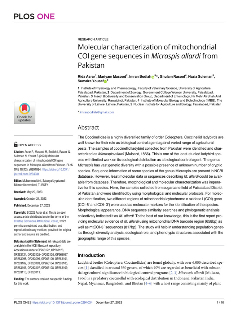 Mitochondrial COI Gene Study of Micraspis allardi | PDF | Polymerase ...
