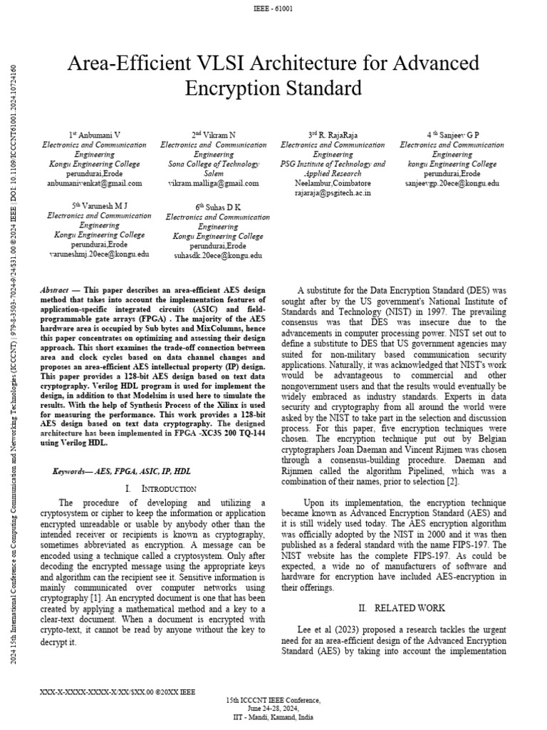 Area-Efficient VLSI Architecture For Advanced | PDF | Cryptography ...