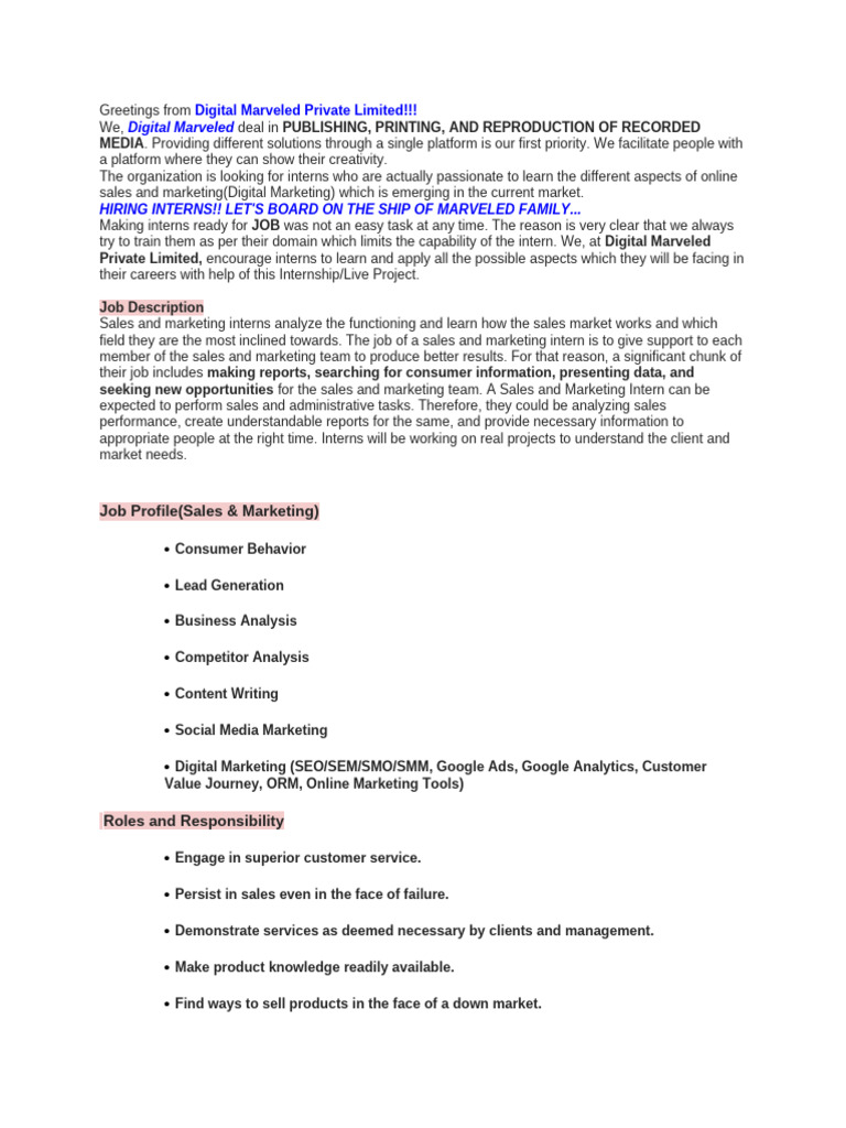 Digital Marveled Private Limited - JD | PDF | Marketing | Internship