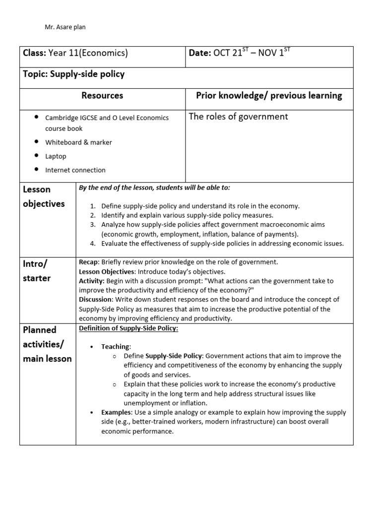 Week 12 Plan (Supply-Side Policy) | PDF | Macroeconomics | Supply Side ...