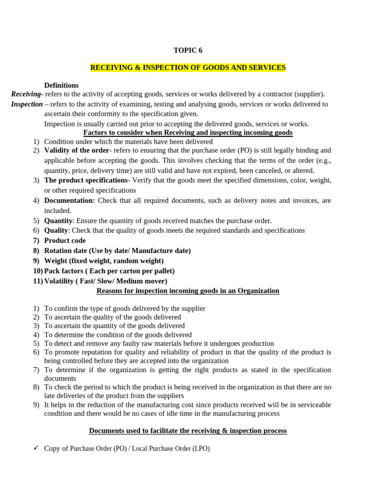 Receiving and Inspecting Goods Process | PDF | Bill Of Lading ...
