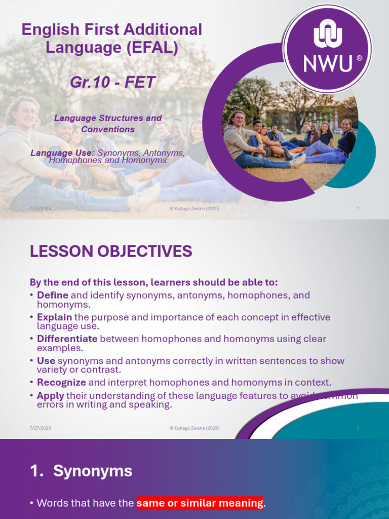 Lesson 6 - Language Use (Synonyms, Antonyms, Homophones and Homonyms) | PDF