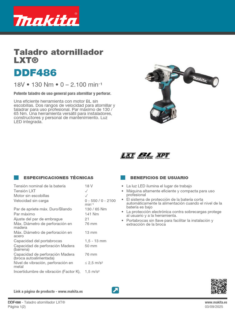 Taladro Atornillador Inalambrico Makita Ddf 486 | PDF | Perforar | Perforación
