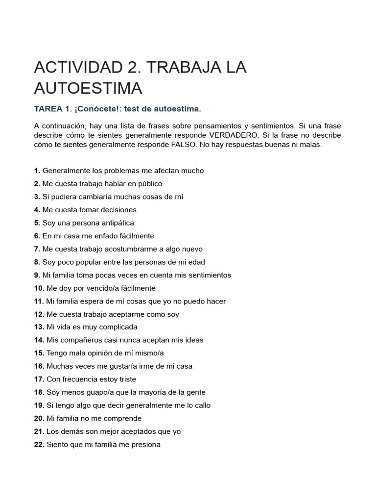 ACTIVIDAD 2. Trabaja La Autoestima | PDF | Autoestima