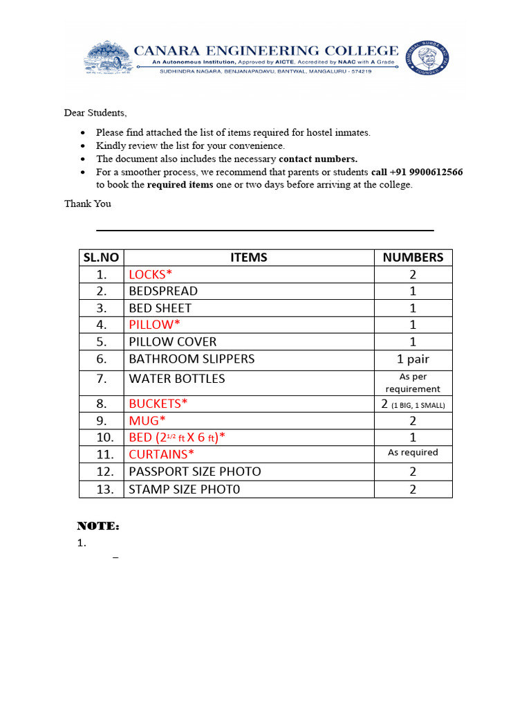 Hostel Items Checklist for Students | PDF