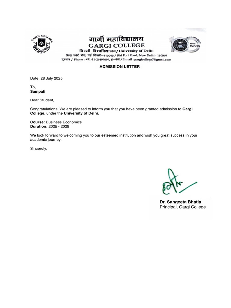 Admission Letter for Business Economics | PDF
