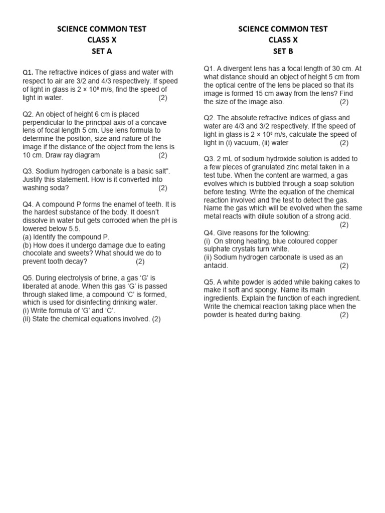 Science Common Test Class x Copy | PDF | Chemical Substances | Chemistry