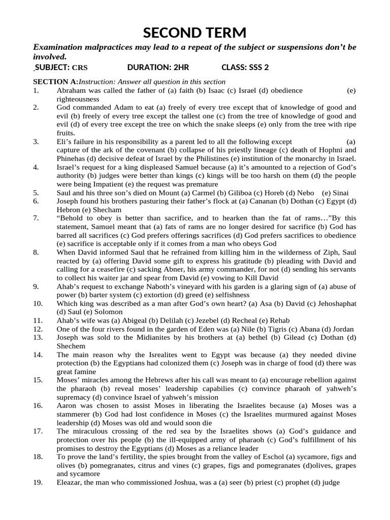 CRS Exam Questions for SS2 Second Term | PDF | Moses | Saul