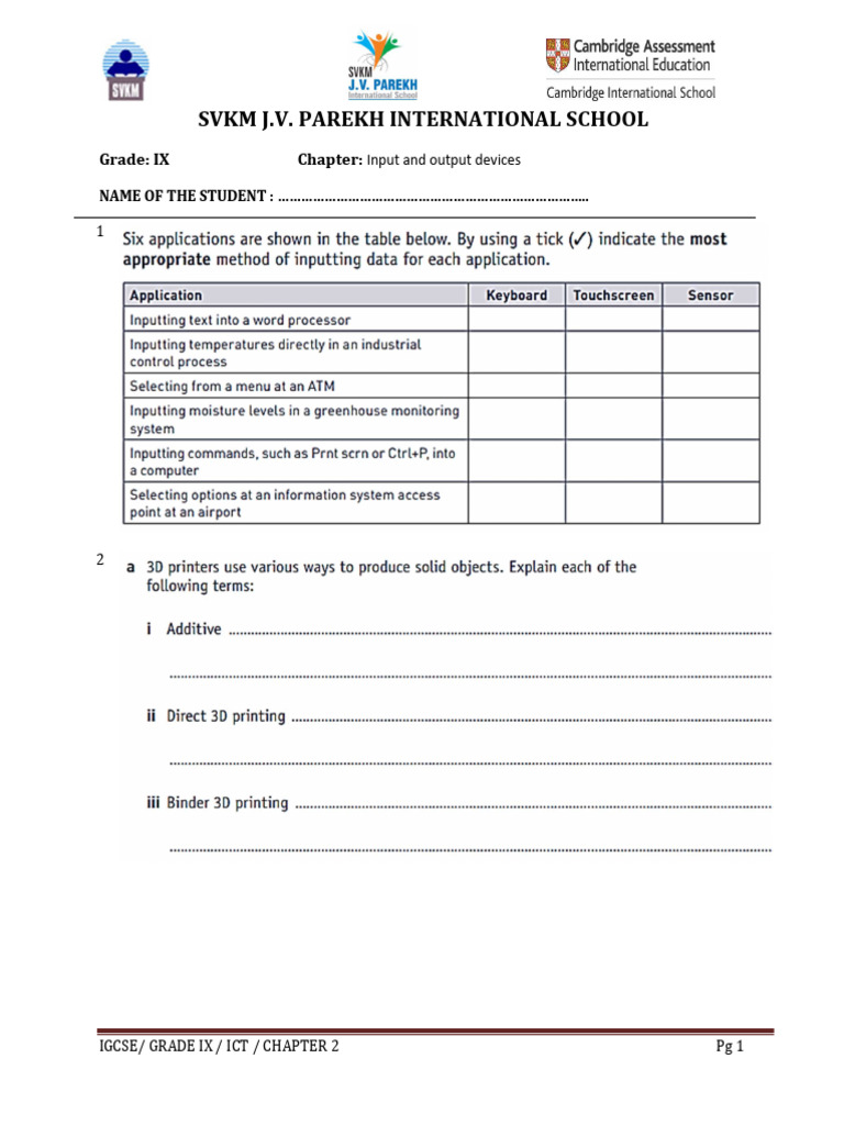 Class 9 ICT Input/Output Devices Worksheet | PDF