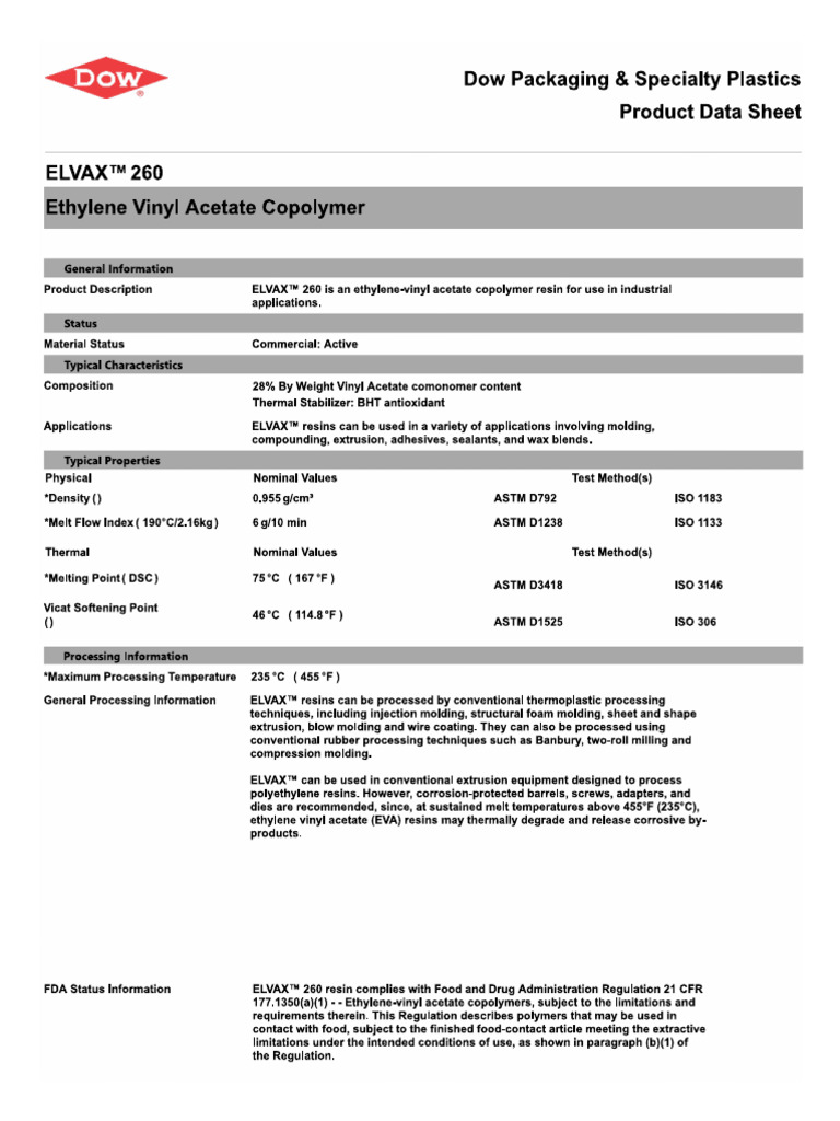 914 16201 01 Elvax 260 Ethylene Vinyl Acetate Copolymer Tds | PDF