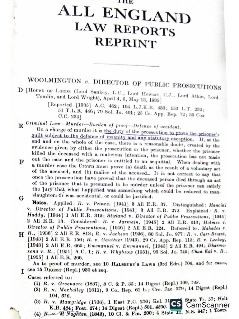 Woolmington V DPP (1935) ALLER 1 | PDF