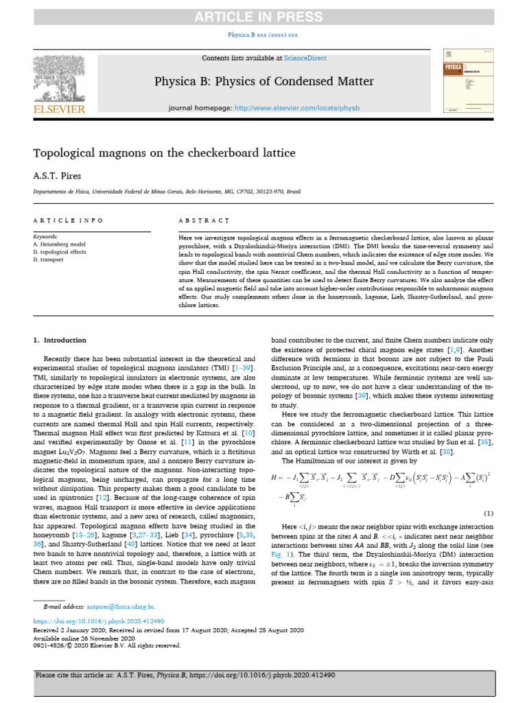 Topological Magnons in Checkerboard Lattice | PDF | Spin (Physics ...