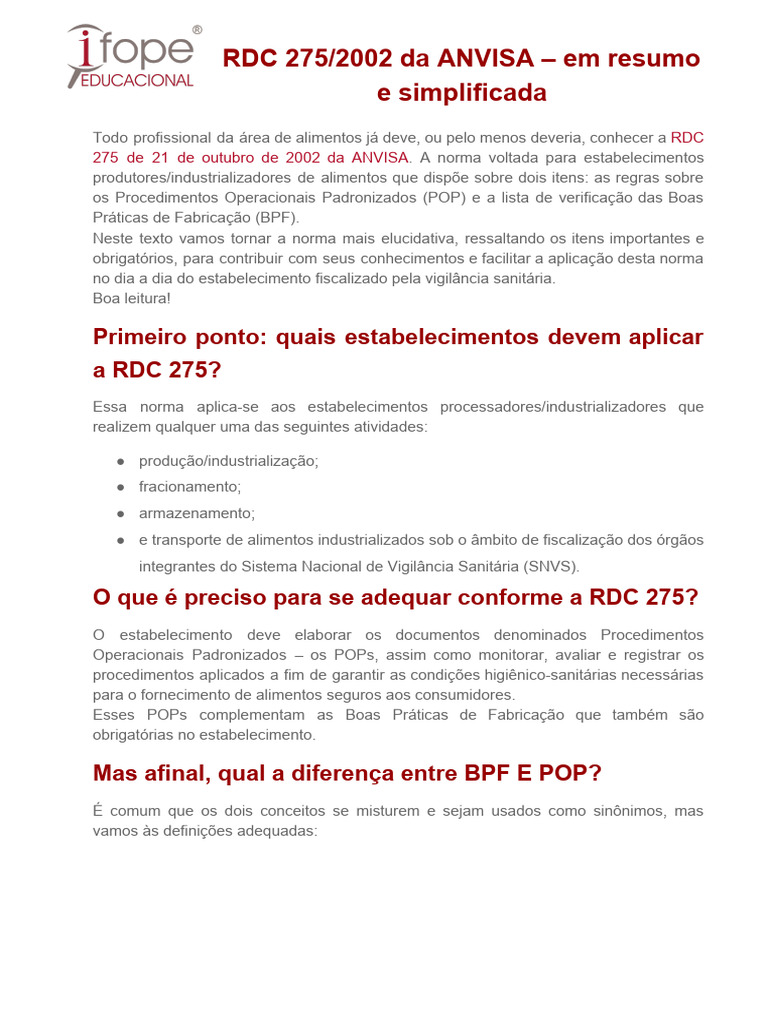 POP-PROCEDIMENTO OPERACIONAL PADRÃO - RDC - 275 - 2002 - Da - ANVISA - em - Resumo - e ...