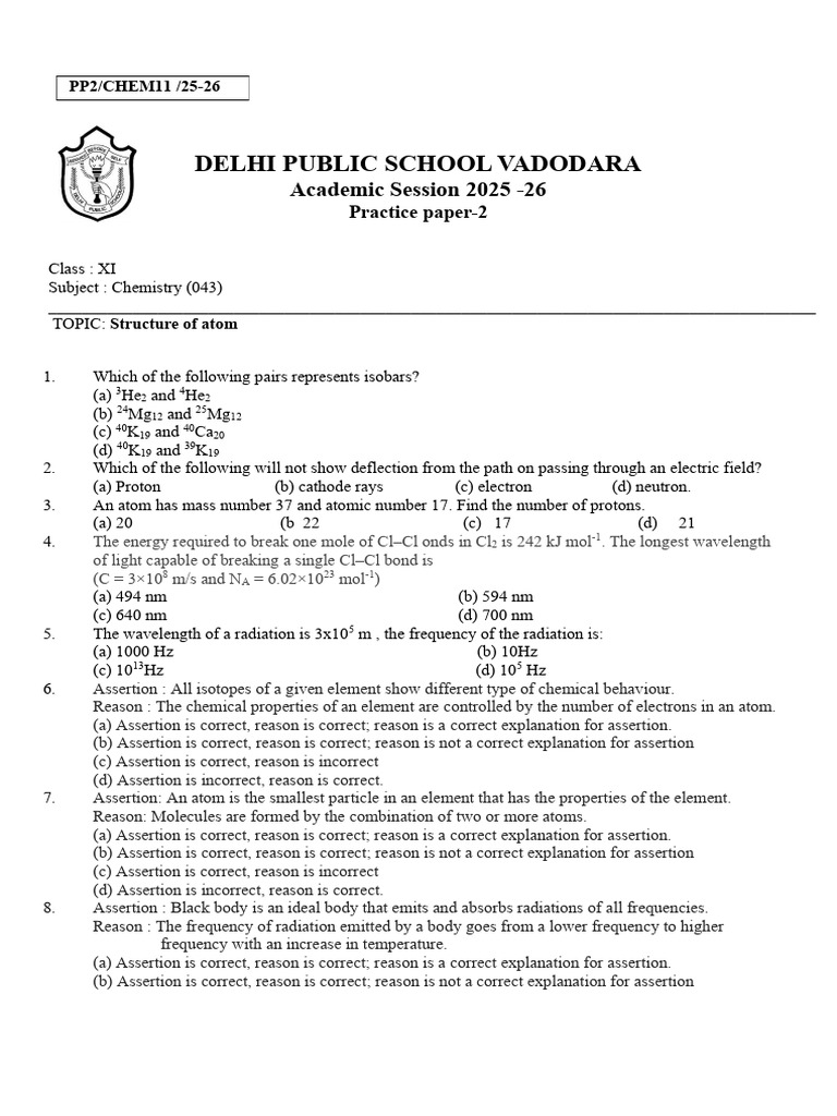 Structure of Atom Practice Paper2 202526 | PDF | Electromagnetic Radiation | Photoelectric Effect